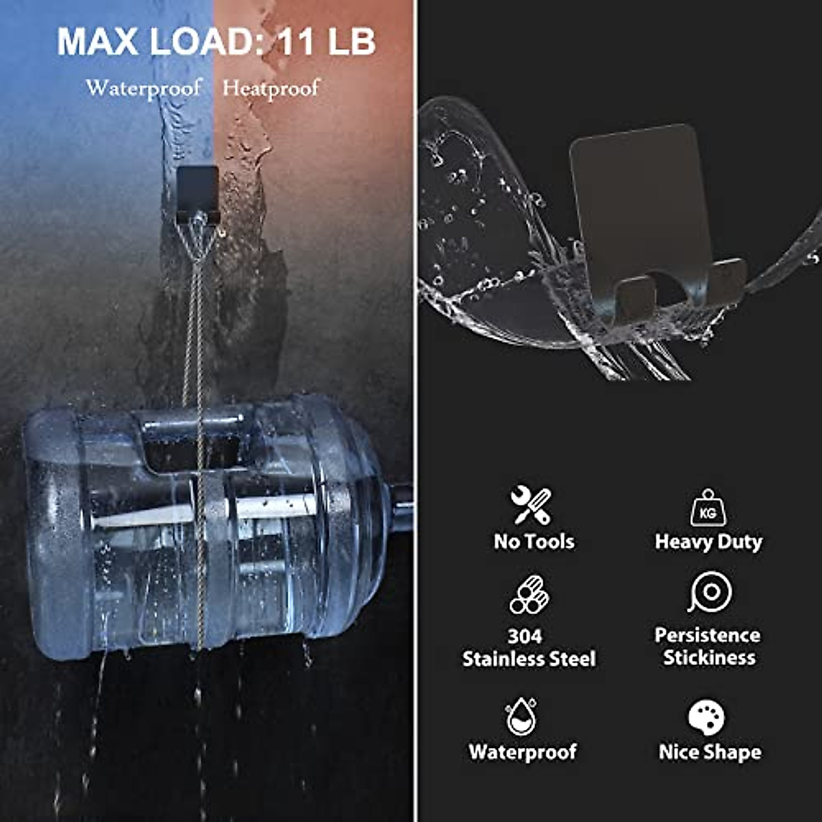 VIS'V Adhesive Razor Hooks, Black Self Adhesive Razor Holder Shower Waterproof Shaver Hook Hanger Stand Heavy Duty Stainless Steel Bathroom Kitchen Sticky Hooks for Razor Towel Loofah Plug - 2 Pcs