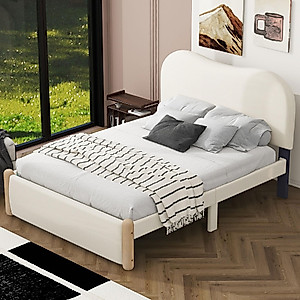JOUUQZ Modern Design Full Size Upholstered Platform Bed with Berber Fleece Headboard and Wood Supporting Feet,Solid Wood Bed Frame with w/Arc-Shaped Headboard,for Kids Boys Girls Bedroom (Beige)