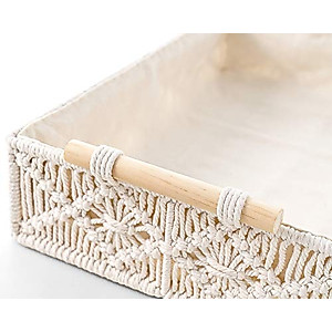 Mkono Macrame Decorative Tray Boho Home Decor Basket with Wooden Handles Handmade Woven Jewelry Perfume Makeup Storage Organizer for Vanity, Dresser, Countertop, Bedroom, Living Room, 14''L x 10''W