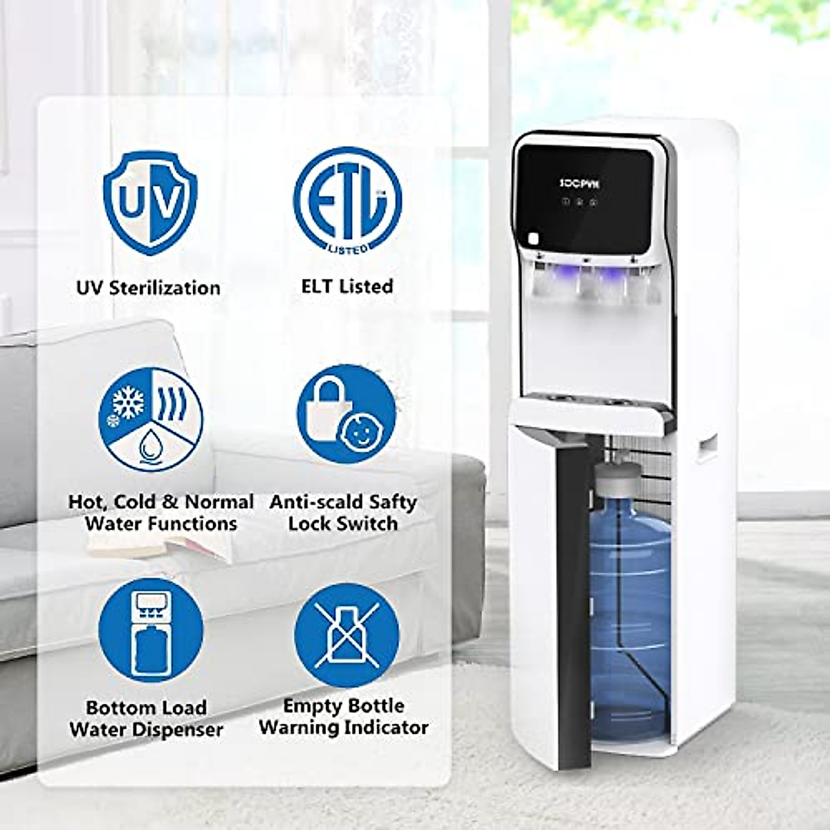 SOOPYK Water Dispenser Cooler Bottom Load Loading with 3 Temperatures Setting 3-5 Gallon Self Cleaning Cold and Hot Water Durable Steel Frame Child Safety Lock Removable Drip Tray for Home Office