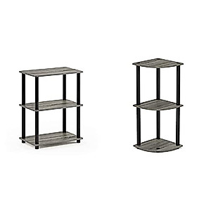 Furinno Turn-N-Tube No Tool 3-Tier Storage Shelf, Narrow, Espresso/Black & Turn-N-Tube 3-Tier Corner Display Rack Multipurpose Shelving Unit, French Oak Grey/Black, Model:12077GYW/BK