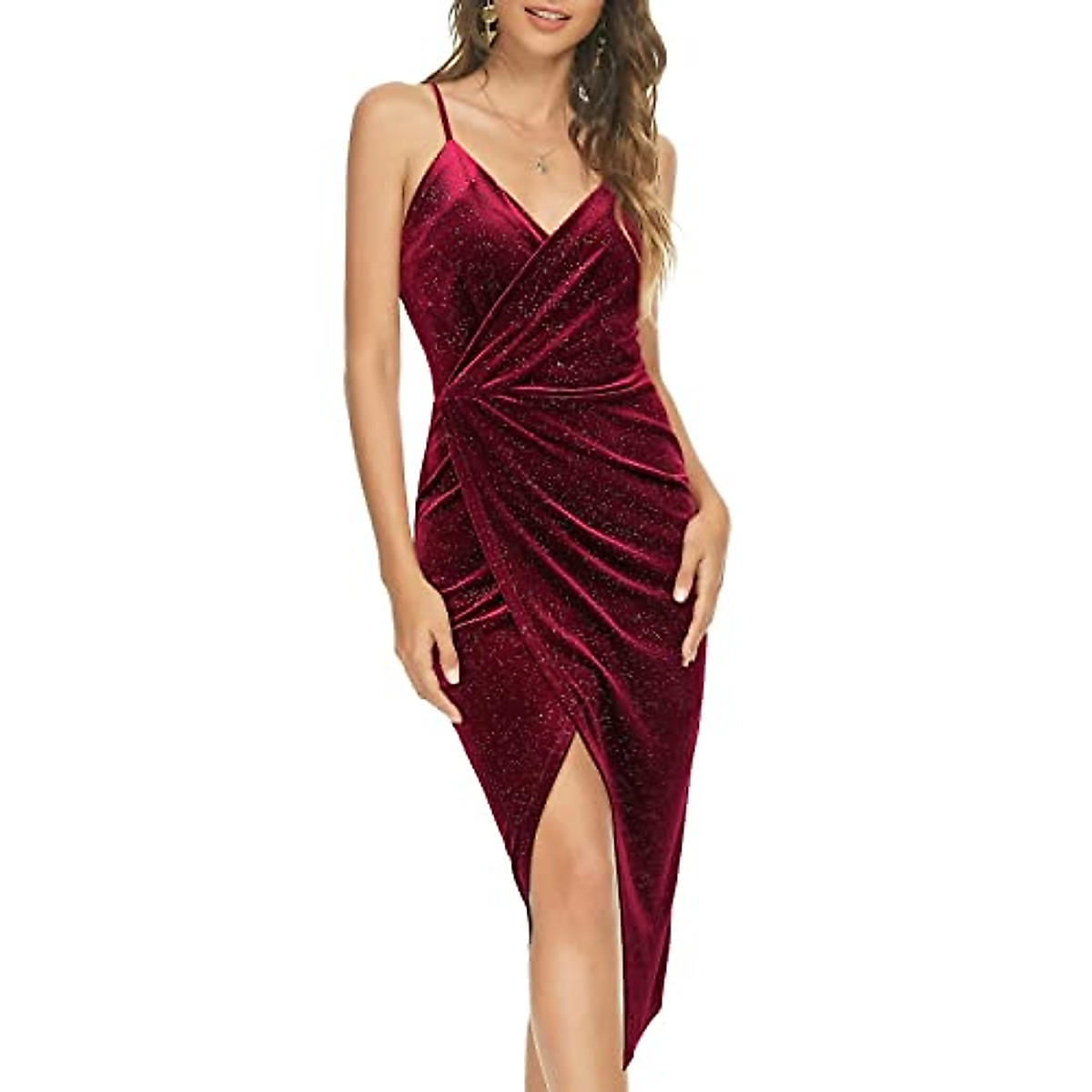 Vestidos De Mujer, Rojos para Mujer Elegantes Wedding Guest Dress for Women De Fiesta Cortos Women's Sleeveless Strap Wrap V Neck Ruched Slit Party Cocktail Midi Glitter Dress (M, Red)