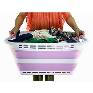 SAMMART 42L (11 gallons) Collapsible Plastic Laundry Hamper/Basket - Foldable Storage Container/Organizer - Portable Laundry Basket - Easy Storage Space Saving White/Pale Purple)