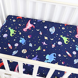 GFU Baby Crib Sheet for Boy, Super Soft Fitted Crib Sheet for Standard Crib and Toddler Mattresses, 52×28 Inch (Dinosaur&Space)