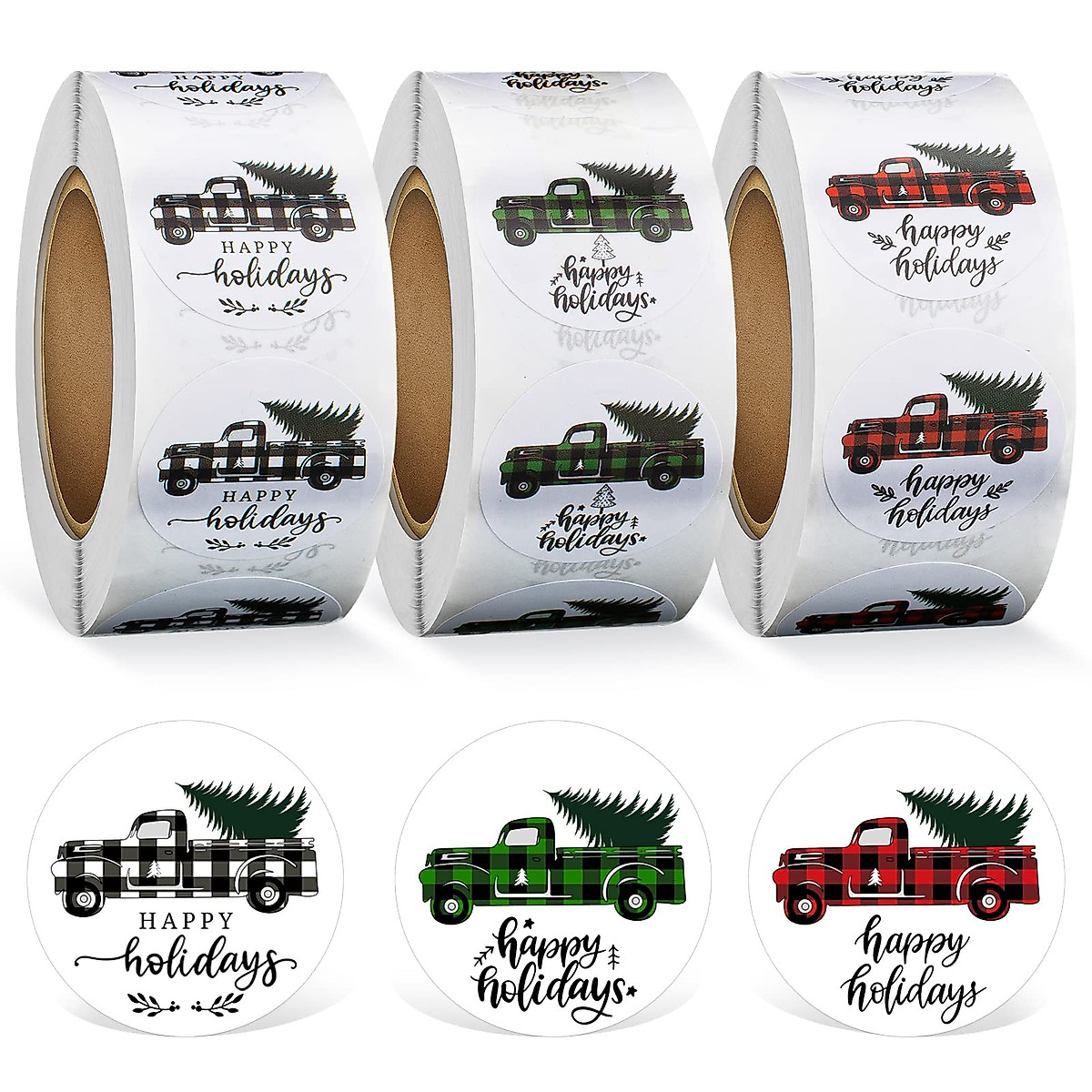 1500 Pieces Holiday Stickers Christmas Envelope Stickers Vintage Season Greetings Stickers Buffalo Check Plaid Pickup Truck with Tree Holiday Stickers for Envelopes Retro Winter Labels