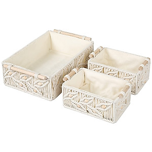 ANMINY Macrame Storage Baskets Set 3PCS Handmade Cotton Woven Decorative Boho Desk Storage Bins Boxes with Wood Handles Wooden Beads Towel Paper Clothes Large Shelf Laundry Organizer Container