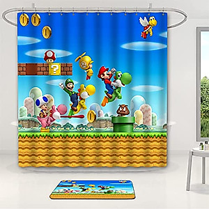 Misteyoo Game On Cartoon 4 PCS Shower Curtain Set Non-Slip Carpet Toilet Seat Cover and Bath Mat Durable Waterproof Bathroom Decoration Set for Home Hotel Bath Accessories