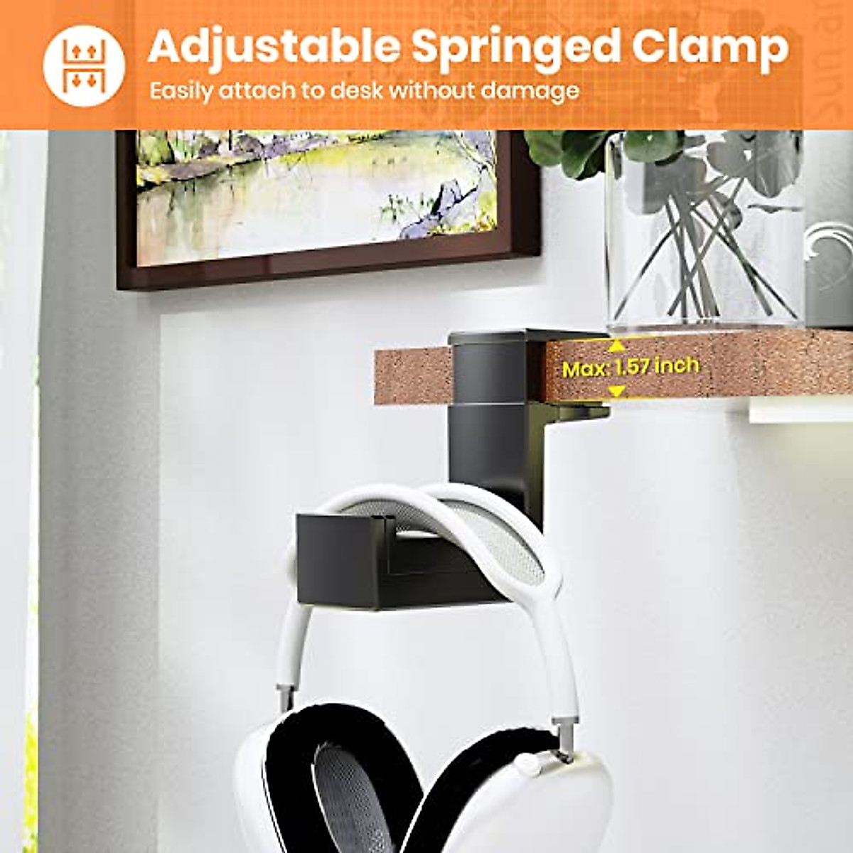 Dual Headphone Stand - Klearlook 2 in 1 360°Rotating Headphone Hook for Desk, Clamp Adjustable Twin Headset Holder Under Desk with Cable Organizer,Headphone Hanger for Gaming Headset,Controller-Black