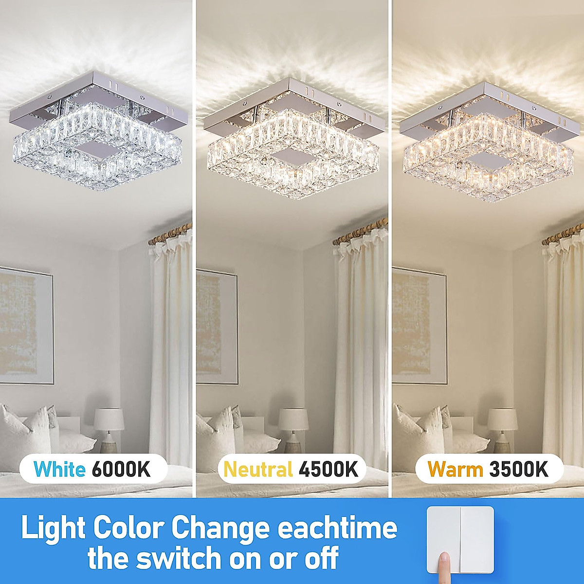 YPQXYHDA 9.8" Modern Crystal Ceiling Light Fixture Mini Square Chandelier Flush Mount Light Fixture Ceiling Lamp for Small Hallway Foyer Entryway Bedroom,3 Colors Adjustable