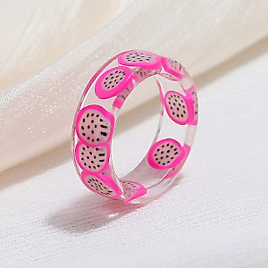 4-12 Pcs Resin Fruit Rings Set Colorful Transparent Plastic Fruit Rings Strawberry Kiwi Lemon Apple Grape Pitaya Grapefruit Orange Watermelon Cute Knuckle Stackable Fruit Rings for Women Teen Girls,