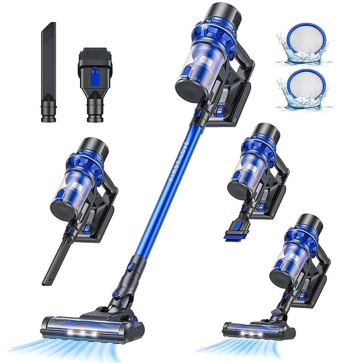 FirstLove Cordless Vacuum Cleaner - High Suction Stick with Up to 45 Mins Runtime, Removable Rechargeable Battery, 6 in 1 Lightweight for Carpet and Hard Floor Pet Hair, Navy, (E17)