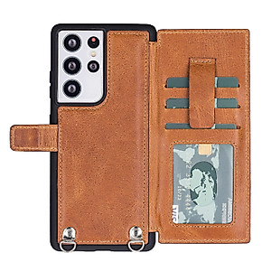 Venito Fermo Leather Wallet Case Compatible with Galaxy S21 Ultra – Crossbody Strap - Extra Secure with RFID Blocking (Antique Brown)