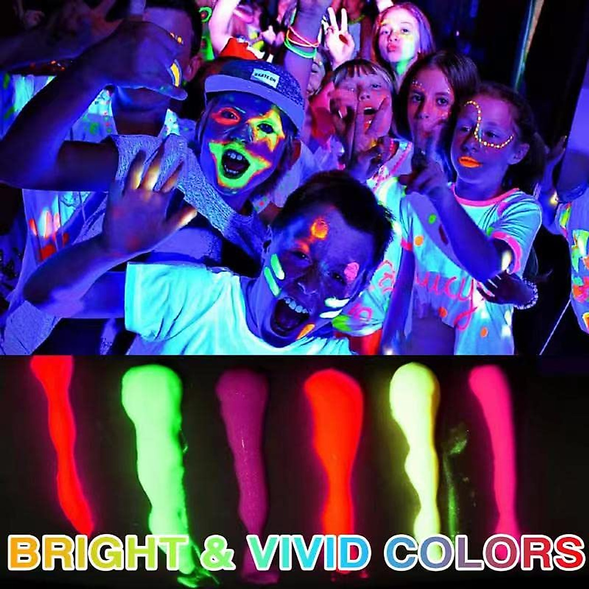 Fusang Glow in the Dark Face Body Paint,Washable Neon Face Body Paint,Black Light Face Makeup for Party Halloween Christmas Cosplay Masquerade Etc 0.48oz Set of 6 Tubes(6 colors)