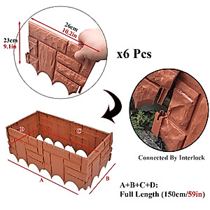 SUBBYE Plastic Flower Bed Edging Fencing for Garden Decor - Tall 23cm Red Stone Brick Effect Portable Lawn Edging Interlocking Panels, 6 Pack
