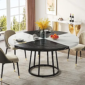 Tribesigns 47 inch Dining Table for Dining Room, 4 People Round Dinner Tables with Faux Marble Top Heavy Duty Metal Circle Pedestal for Living Room Kitchen, Black White(Only Table)