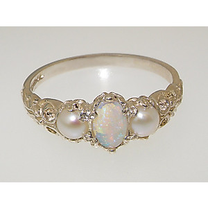 LetsBuyGold 10k White Gold Natural Opal & Cultured Pearl Womens Promise Ring - Size 6.5