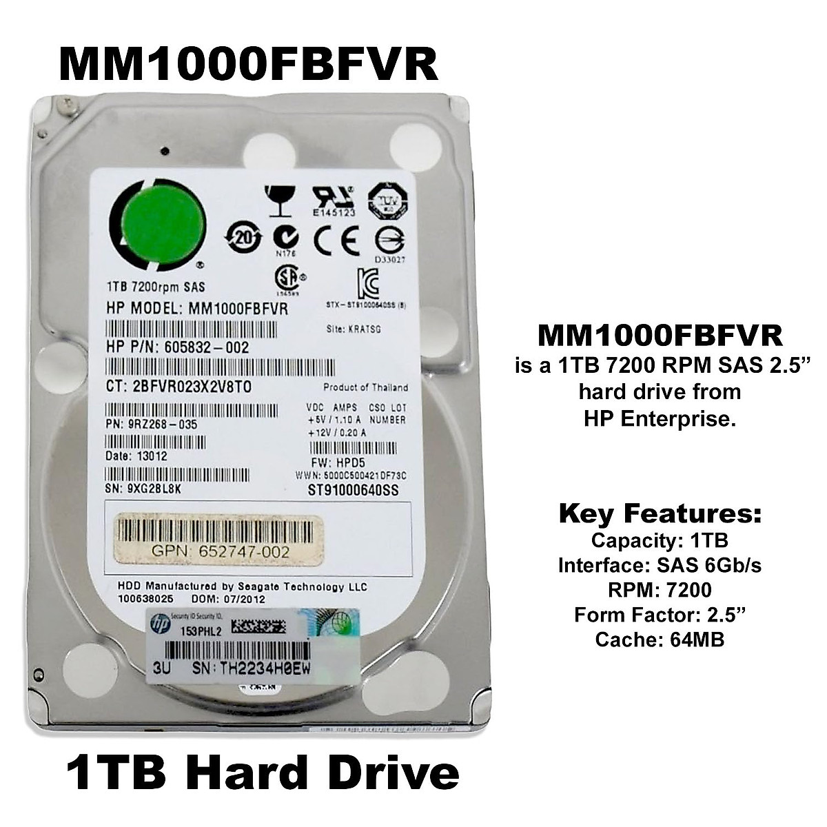 MM1000FBFVR Compatible HP 1-TB 6G 7.2K 2.5 DP MDL SAS HDD (Renewed)