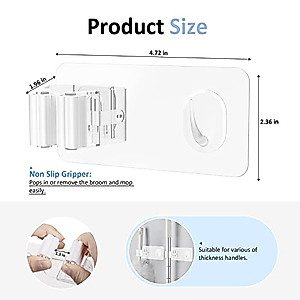 MEILIDY Broom and Mop Gripper, Clear Self Adhesive Mop Broom Holder Wall Mounted No Drilling Heavy Duty Cleaning Supplies Tools Storage Organizer for Laundry Bathroom Kitchen Garden Garage - 4 Pcs