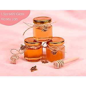 Adabocute 20 Pack Mini Honey Jars with Dipper - Mini Honey Jars for Baby Showers & Wedding Gifts - Gold Lids, Bee Pendants, Jutes and Gift Bags
