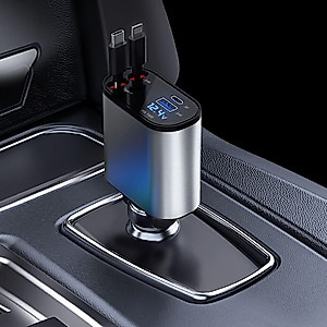 Retractable Car Charger, 4 in 1 USB C Car Charger 60W,Retractable Cables (2.6Ft) and 2 USB Ports Car Charger Adapter, Compatible with iPhone 15/14/13/12/11 Pro Max, Galaxy S23/ S22/S10,Google Pixel