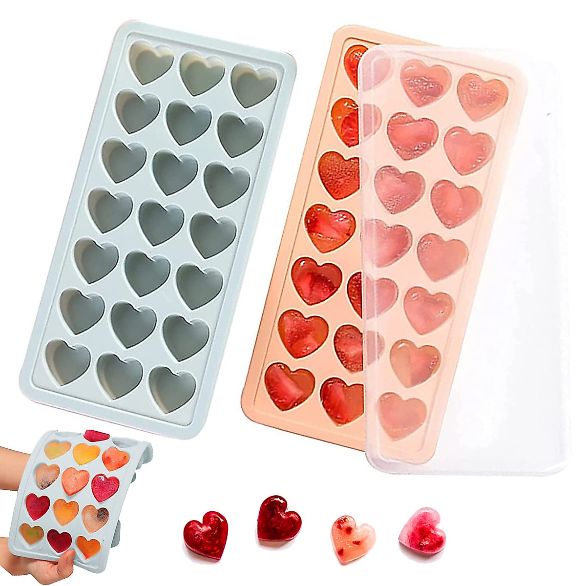 2 Pack Heart Shpaed Ice Cube Trays with Lids, Heart ice Molds, 42 Holes Silicone Heart Ice Cube Molds for Whiskey, Cocktail, Fun Shapes Ice Cubes, Chocolate, Candle, Candy, Jelly, Jello - with Lids