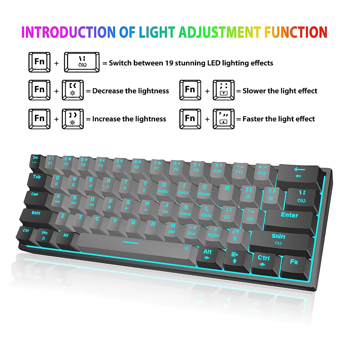 Snpurdiri 60 Percent Mechanical Gaming Keyboard, Blue Switch Anti-Ghosting 61 Key LED Rainbow Backlit Keyboard, Mini Portable Quick Response Keyboard for Laptop PC Gamer, Black