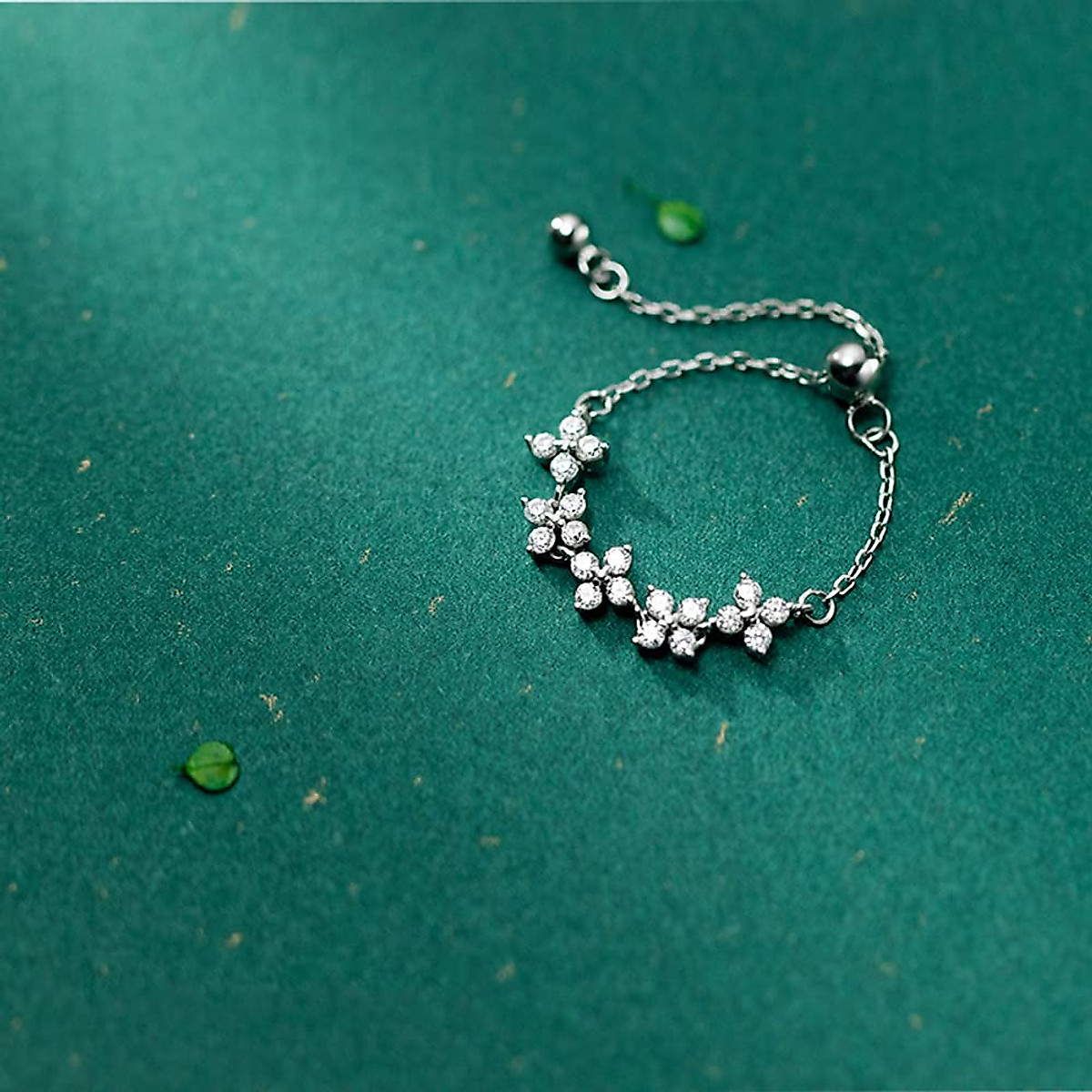 Dainty Flower Finger Rings Sterling Silver 925 for Women Cute Cubic Zirconia Crystal Adjustable Threader Tassel Chain Ball Statement Stacking Ring Tail Band Jewelry Gifts BFF