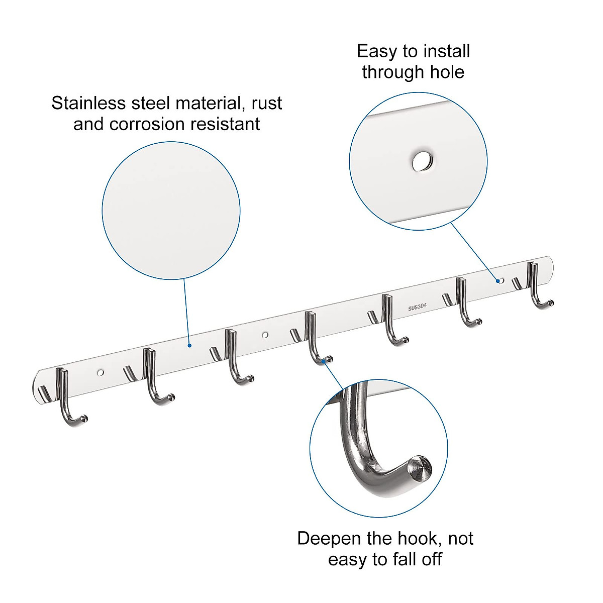 uxcell Coat Hook Rack, 304 Stainless Steel Coat Rack Wall Mounted with 7 Hooks Metal Hook Rail Wall Hangers for Hanging Bedroom Bathroom 2Pcs