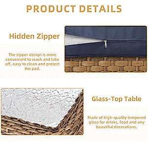 W WARMHOL 2-Person Outdoor Glider Bench Patio Double Swing Rocking Chair with Glass-Top Coffee Table, Patio Glider Wicker Porch Loveseat Seating Patio Steel Frame Chair Set with Cushion, Navy Blue