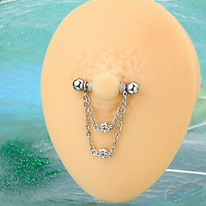 COCHARM 2pcs Stainless Steel Nipple Rings 14g Nipple Barbell Dangling Chain CZ Nipple Piercing Jewelry for Women