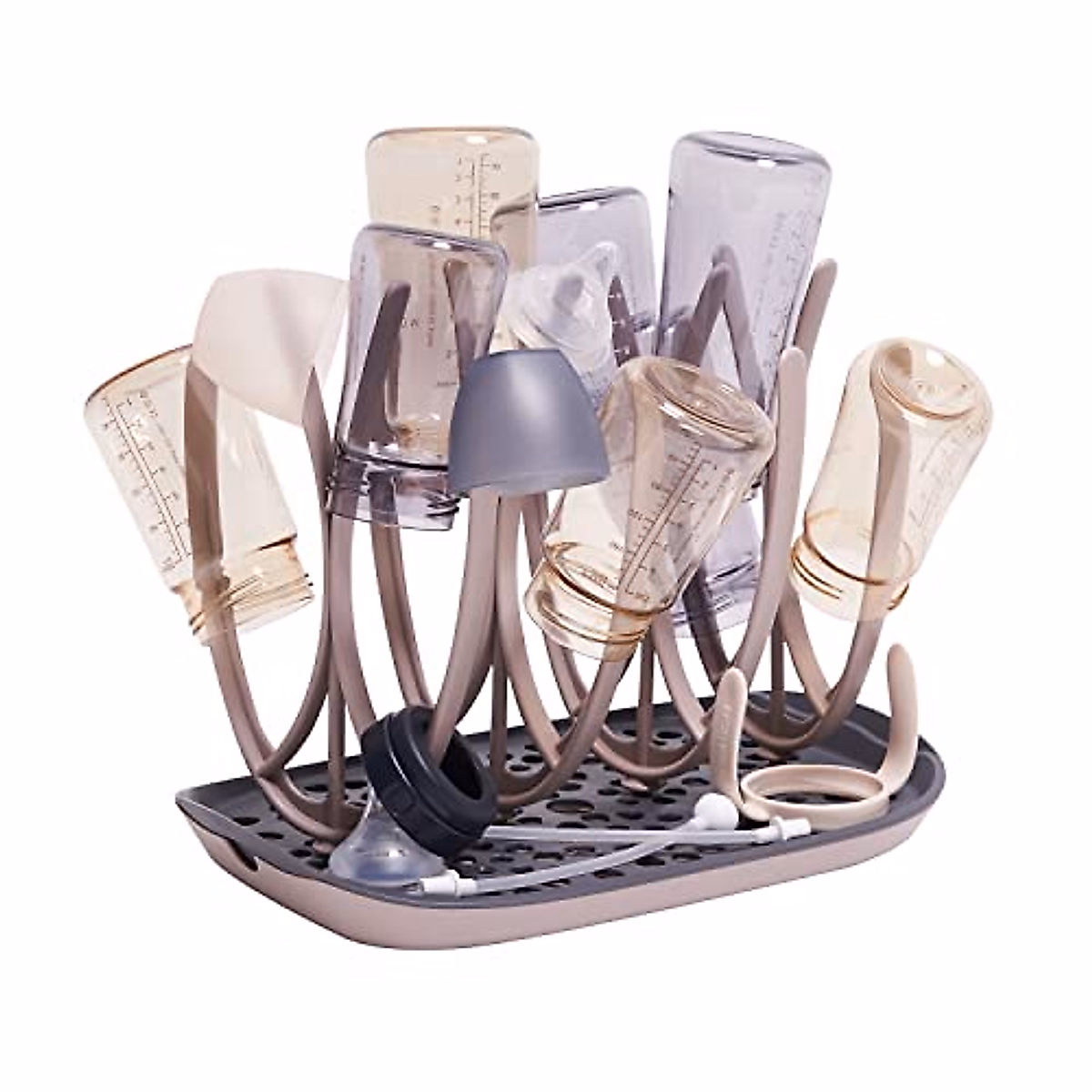 MOTHER-K Baby Bottle Drying Rack with Tray, Adjustable Holder for Baby Bottles, Pacifier and Pump Parts (Beige)
