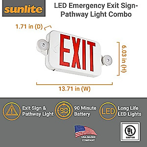 Sunlite 05279 LED Emergency Exit Sign Red, Dual Light with 90-Minute Battery Power Back-Up, 350 Degree Adjustable Head Lamps, 200 Lumens, 120-277V, Ceiling or Wall Mount, Long Lasting, Fire Safety