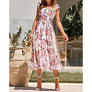 PRETTYGARDEN Women Summer Dresses 2023 Tie Strap Square Neck Smocked Ruffle Flowy Floral Print Boho Maxi Cocktail Dress(Floral Pink,X-Large)
