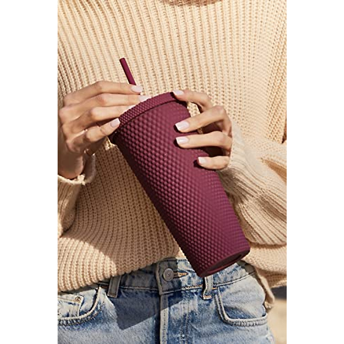 Matte Studded Tumbler with Lid & Straw, Reusable BPA Free Plastic Water Bottle, Travel Friendly Water/Iced Coffee/Cold Brew/Smoothie Textured Cold Cup, 24oz (Forest Green)