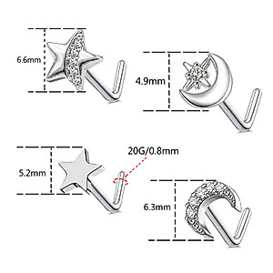 BODY16G CZCZ 4Pcs 20G Star Nose Rings 316L Stainless Steel L Shaped Moon Nose Studs Nose Rings Nose Piercing Jewelry for Women Men