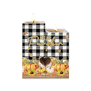 Thanksgiving Pumpkin Candle Holder with Tea Light,Vintage Wood Tealight Candle Stick Holder Pillar Centerpiece,Heart-Shaped Tall Wooden Tea Light Candle Holders Decor Set Buffalo Plaid Black Sunflower