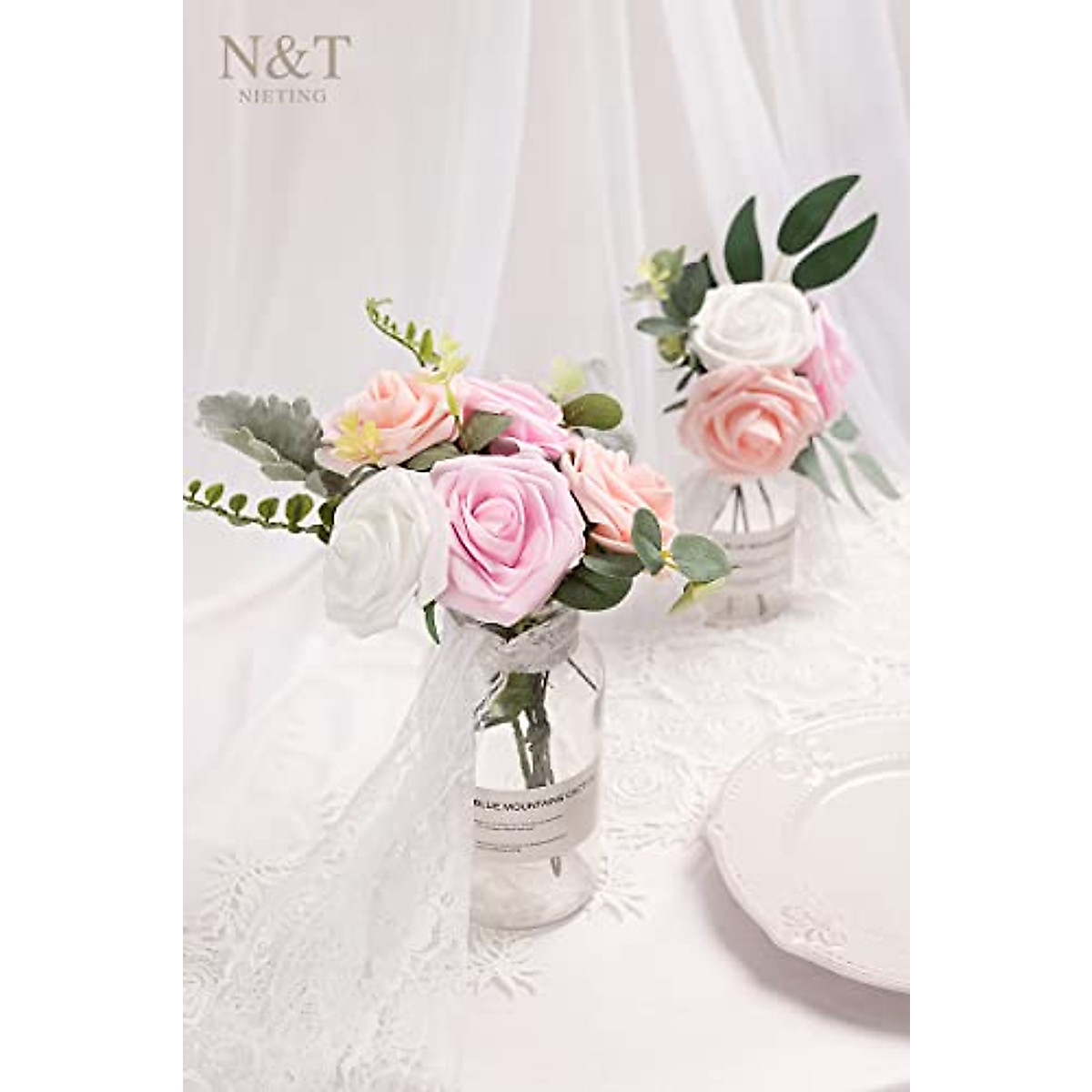 N&T NIETING Artificial Flowers, 25Pcs Fake Flowers Roses Perfect for DIY Wedding Bouquets Centerpieces Bridal Shower Party Home Flower Arrangement Decorations, Series Pink