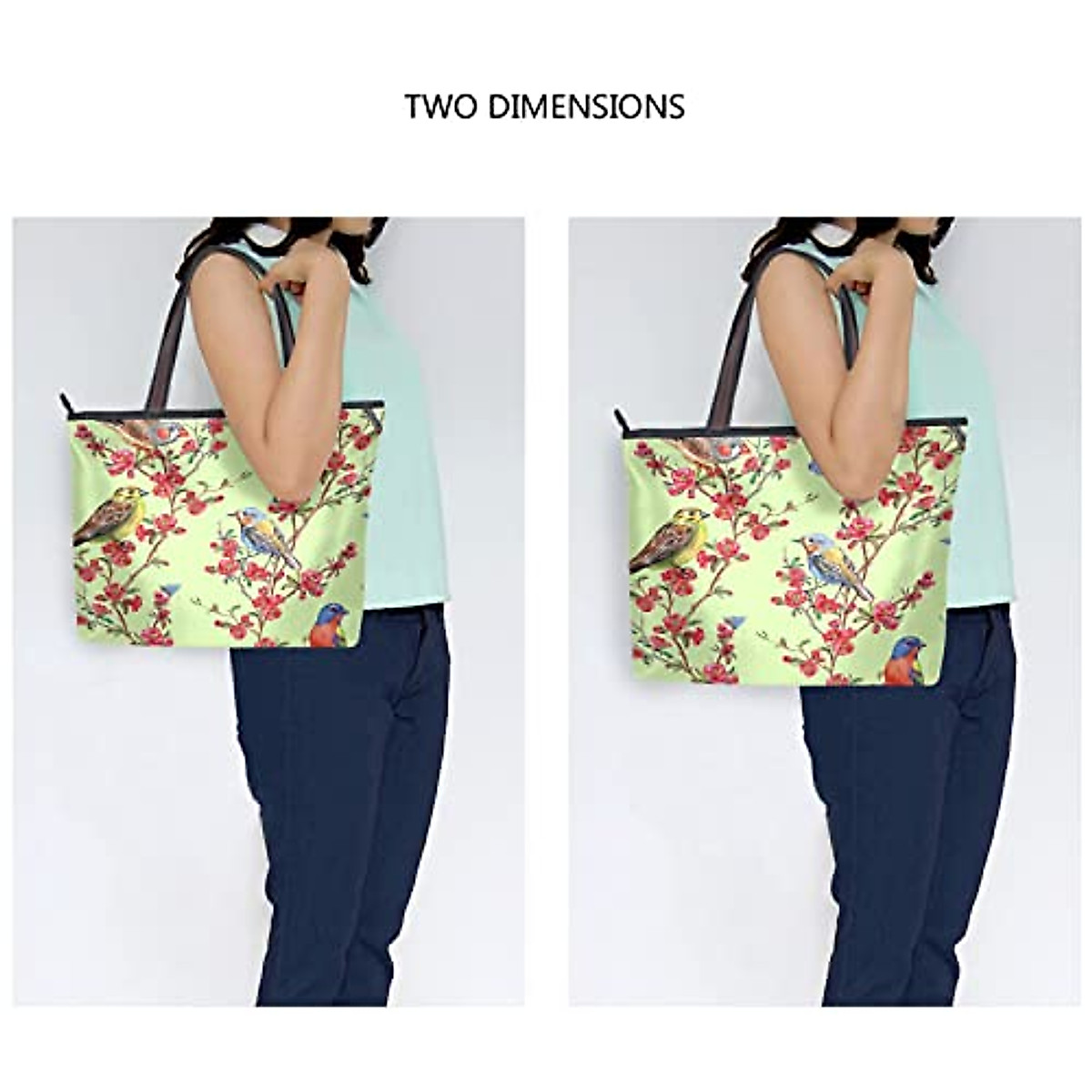 Flower Tote Bag with Zipper Long Handles Bird Floral Handbag Shoulder Bag