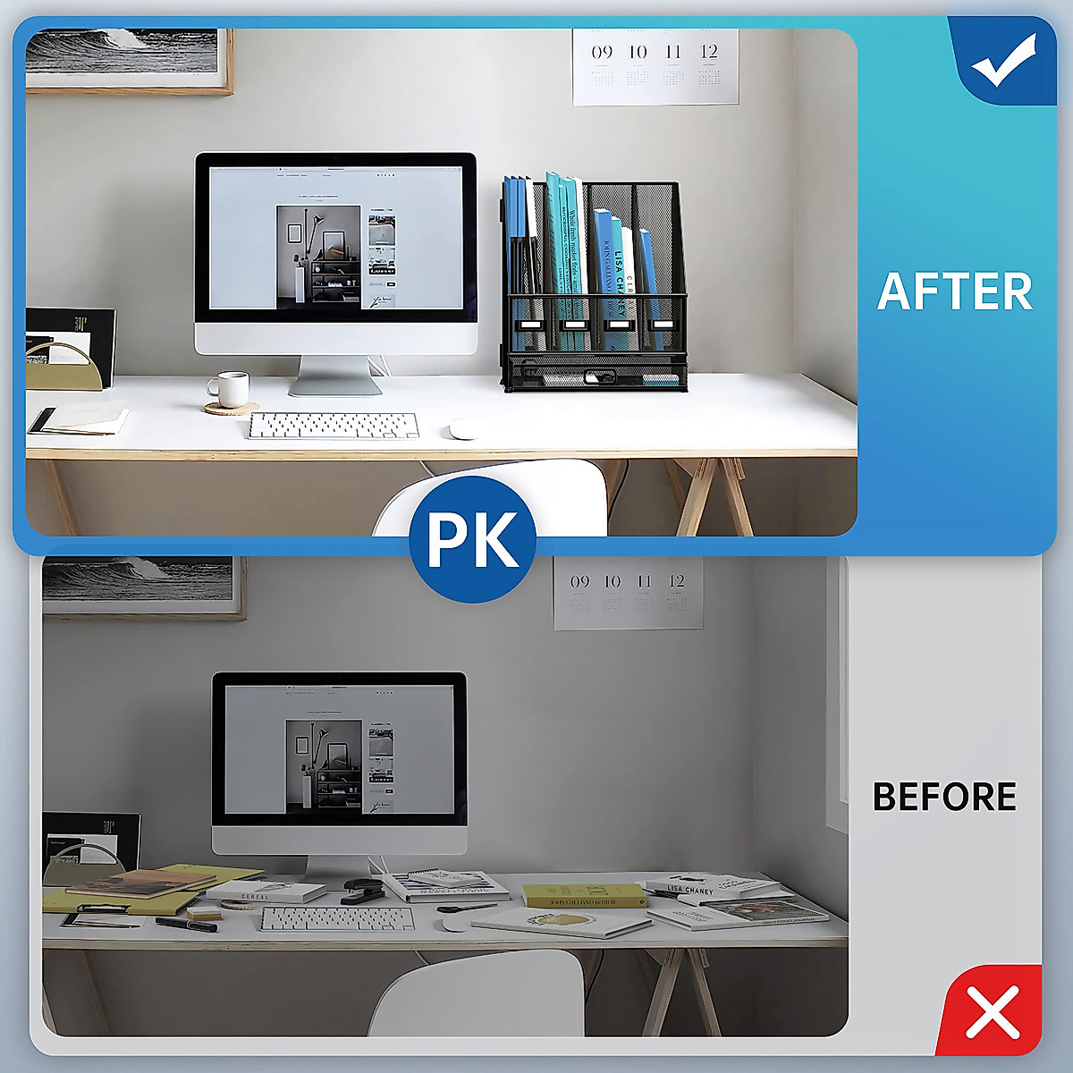 DALTACK Magazine File Holder, Desk Organizer with 4 Vertical File Holder and Drawer, Mesh File Organizer for Office Organization, Magazine Holder for Home Office School, Black