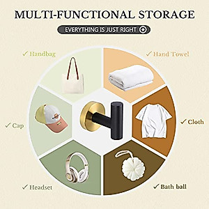 APLusee Robe Towel Hook Matte Black and Gold, 304 Stainless Steel Single Prong Coat Hook Bathroom Kitchen Garage Home Storage Round Utility Hanger