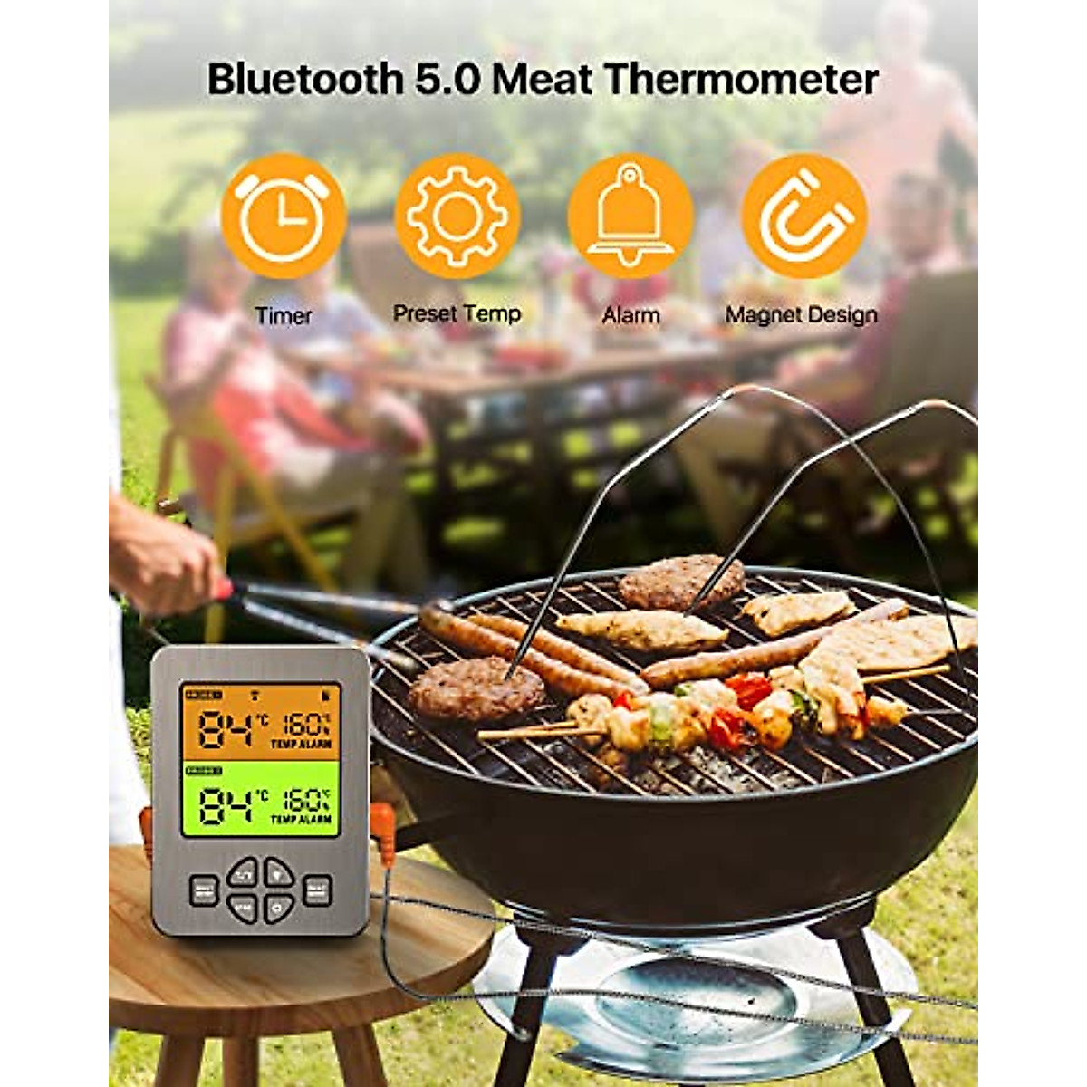 NEXMEE Bluetooth Grill Thermometer, Digital Wireless BBQ Meat Thermometer, Grill Thermometer with 2 Probes, Roast Thermometer with Magnet for Kitchen, Oven, Grill, Steak