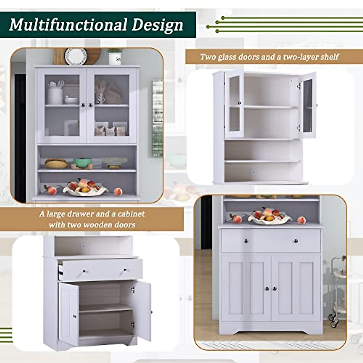 70.9" Freestanding Kitchen Pantry, Kitchen Cupboard Storage Cabinet with Glass Doors and Large Drawer Tall Pantry Cabinet Cupboard with Adjustable Shelves for Dining Room, Living Room, Antique White