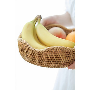 VPQ Handmade Rattan Bread Baskets Round Wicker Fruit Serving Storage Bowls, Natural Woven Decorative Kitchen Counter Organizing (Honey Brown) M-10.2''