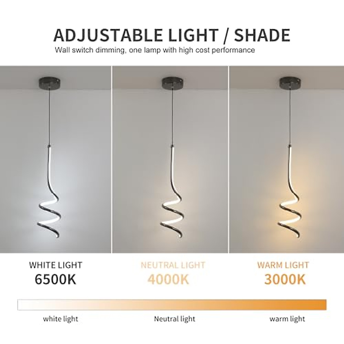 Jaycomey 2Pack Modern Spiral Led Pendant Light Fixture, 24W Cool White Warm Light Minimalist Integrated LED Hanging Lamp, Adjustable Island Light for Living Room Bedroom Bar Kitchen Sink, Black