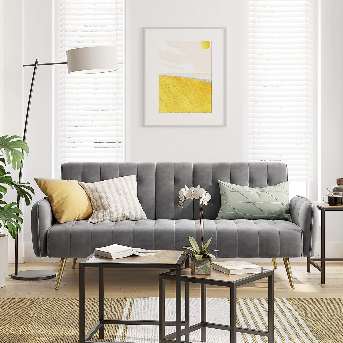 Sofa Bed, Convertible Couch with 2 Cup Holders and Removable Armrests, for Compact Living Space Apartment Dorm Office, 72 x 33.9 x 30.7 Inches, Gray