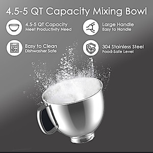 Stainless Steel Mixer Bowl for KitchenAid 4.5 Quart / 5 Quart Tilt-Head Stand Mixers, KSM150 Stainless Steel Mixer Bowl Replacement, 4.5QT/5QT Bowl for KitchenAid Mixer, Silver