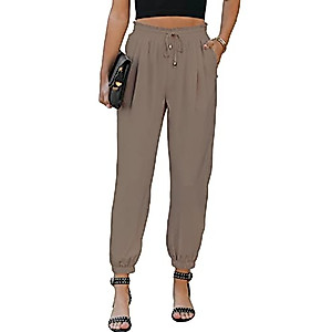 Dokotoo Joggers for Women Pajama Linen Pants for Women 2023 Spring Summer Comfy Soft High Waisted Teacher Pants with Pockets Satin Womens Dress Pants Khaki