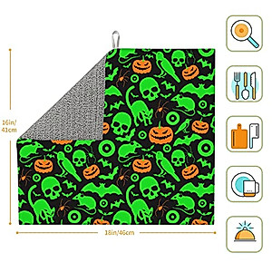 Green Ghost Horror Halloween Pumpkin Printed Drying Mat For Kitchen Ultra Absorbent Microfiber Dishes Drainer Mats Non-Slip Silicone Quick Dry Pad - 18 X 16inch