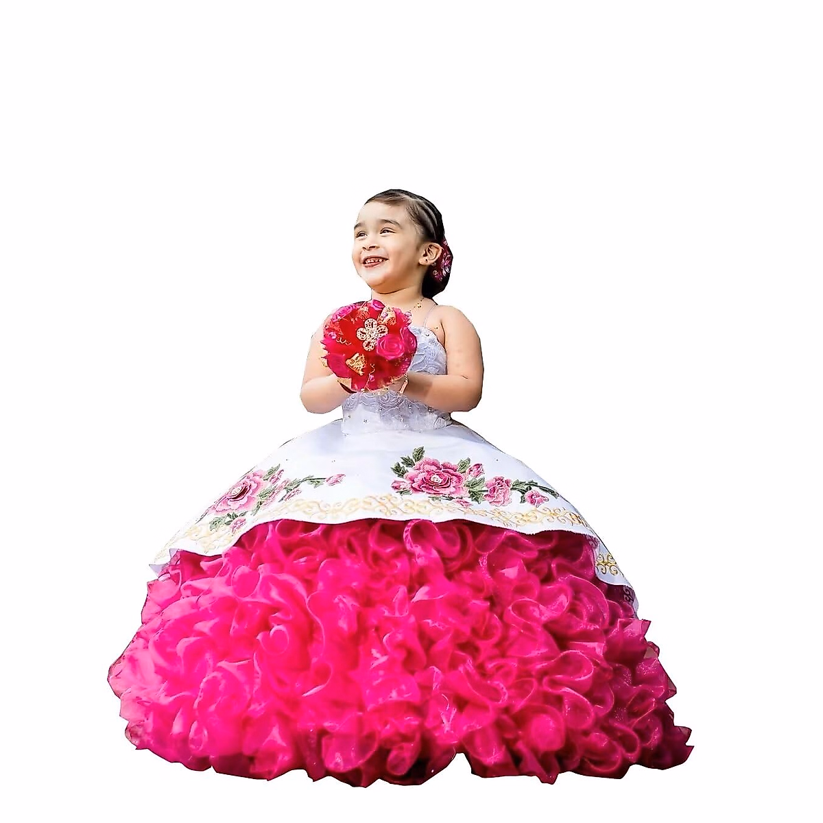 Hot Pink Floral Flower Patterns Ball Gowns for Toddler Infant Cupcake Flower Girl Dresses for Wedding with Straps Gold Embroidery White Satin Ruched 6