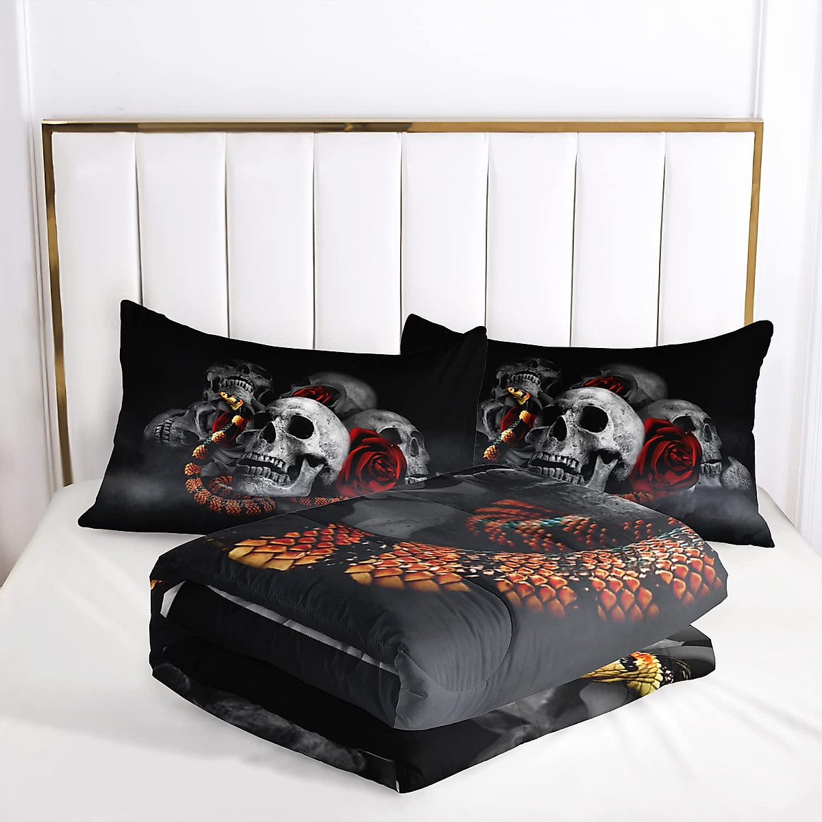 AILONEN Skull Decor Bedding Set Queen Size, Snake Entwined Skeleton 3D Print Halloween Comforter Set,Red Rose Smoky Fog Style Black Tint Soft Breathable Duvet Set 3 Pieces, 1 Quilt and 2 Pillowcases